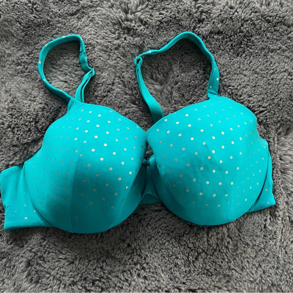 Cacique Teal Bra With Gold Polka Dots Size 40d - Gem